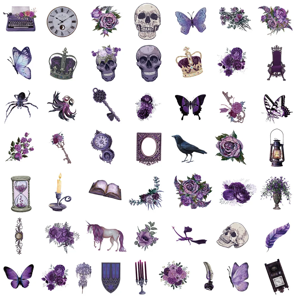 50pcs-Cartoon-Aesthetic-Purple-Flower-Gothic-Violet-Sticker-For-Phone ...