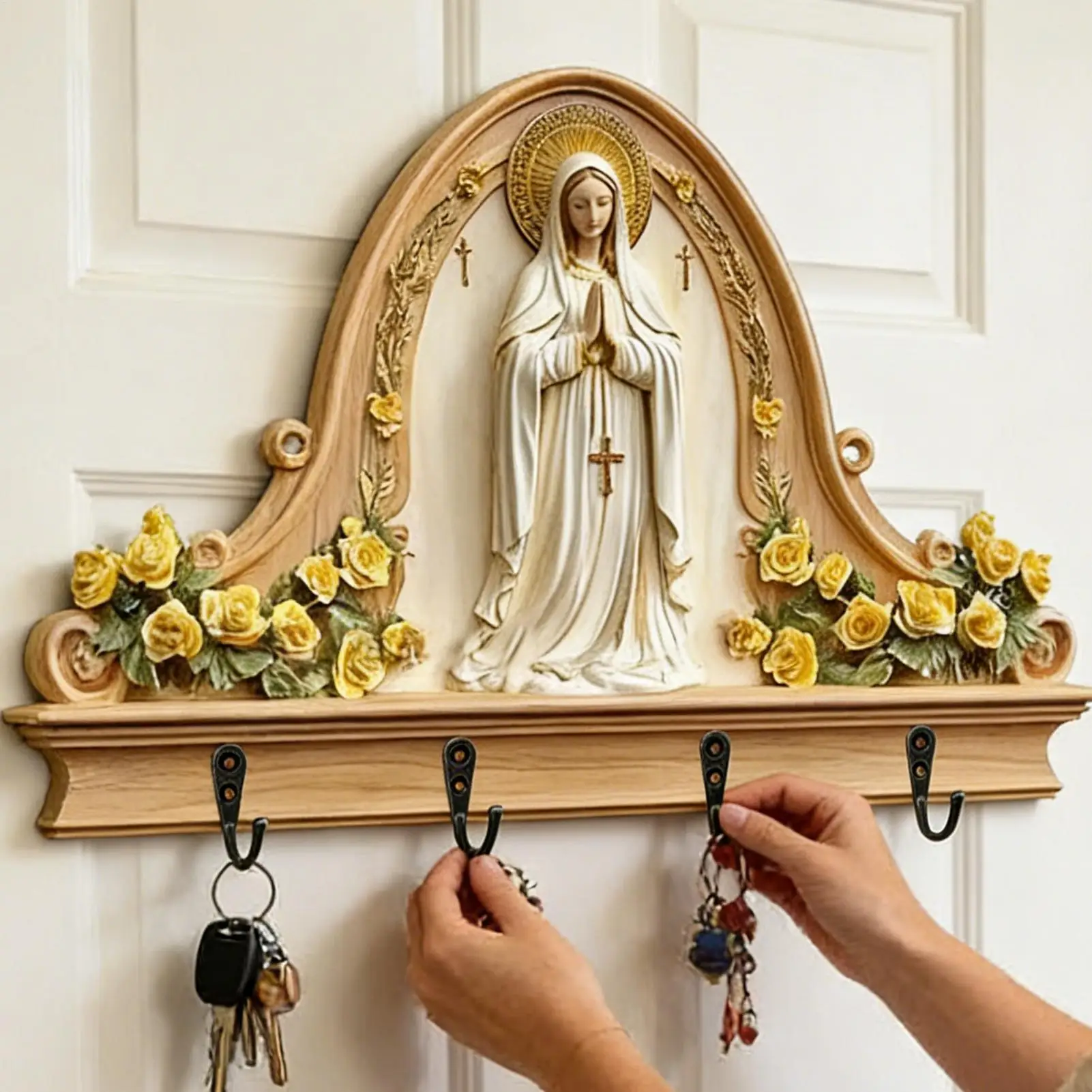 Key Holder Wall Mount Wood Religious Space Saving Hanger with 4 Hooks ...
