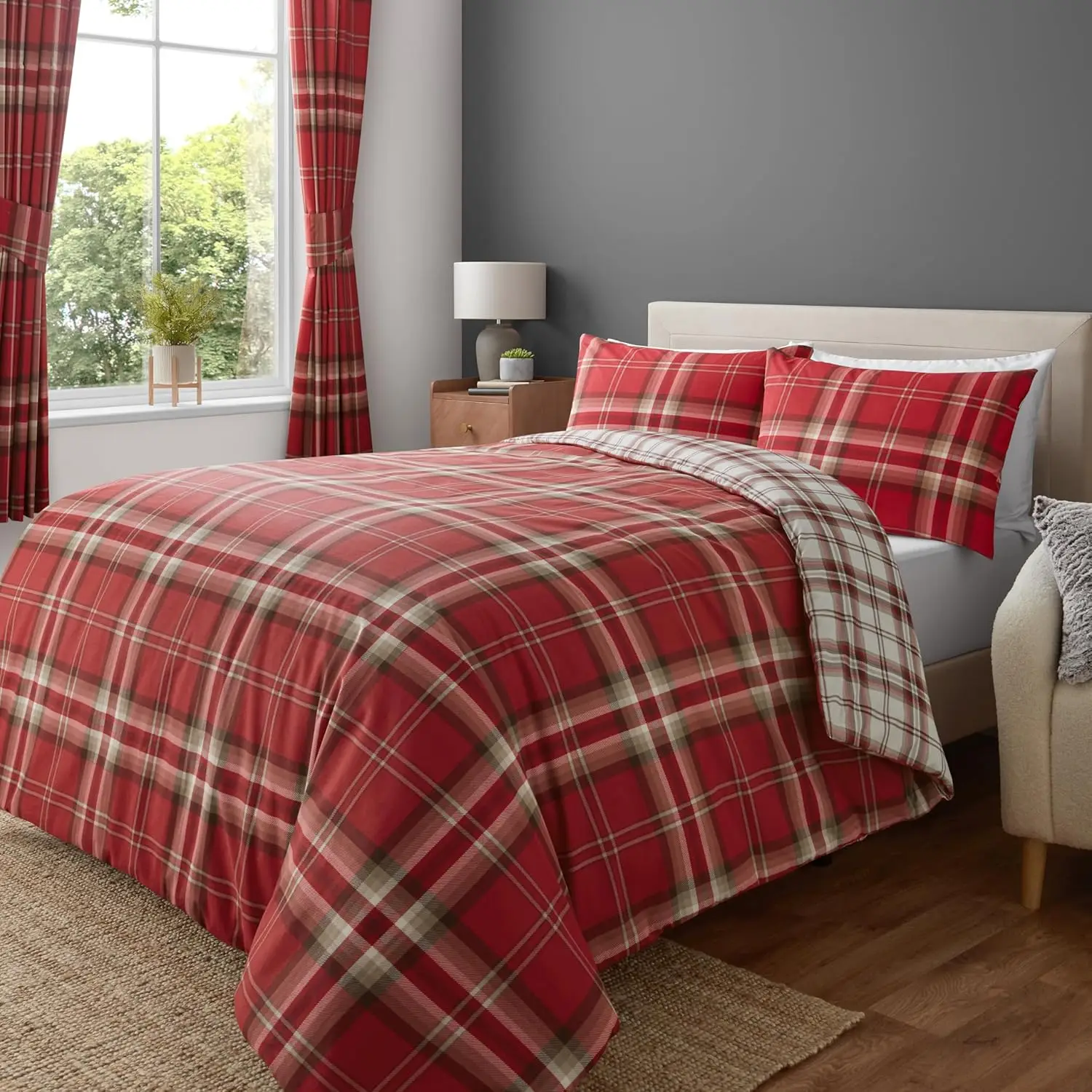 Red Plaid Double-sided Printed Bedding Set, 100% Polyester Quilt Cover ...