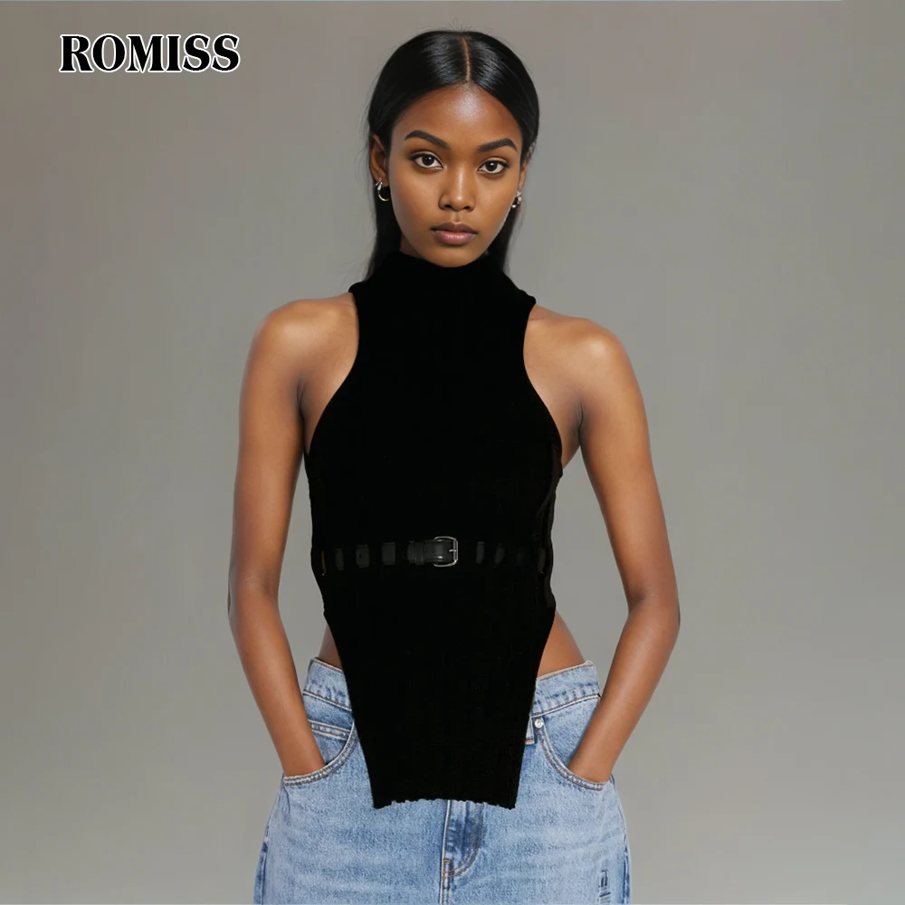 ROMISS-Solid-Spliced-Belt-Streetwear-Tank-Tops-For-Women-Turtleneck ...
