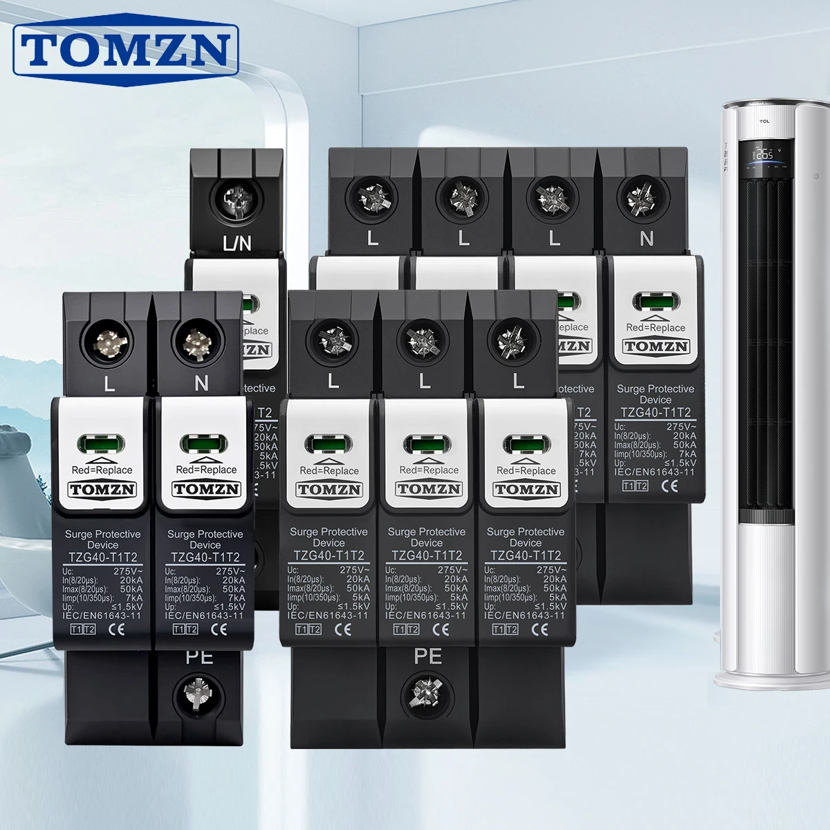 TOMZN TZG40-T1T2 New type 275V 385V AC 8/20μs 20-50kA 10/350μs 7kA ...