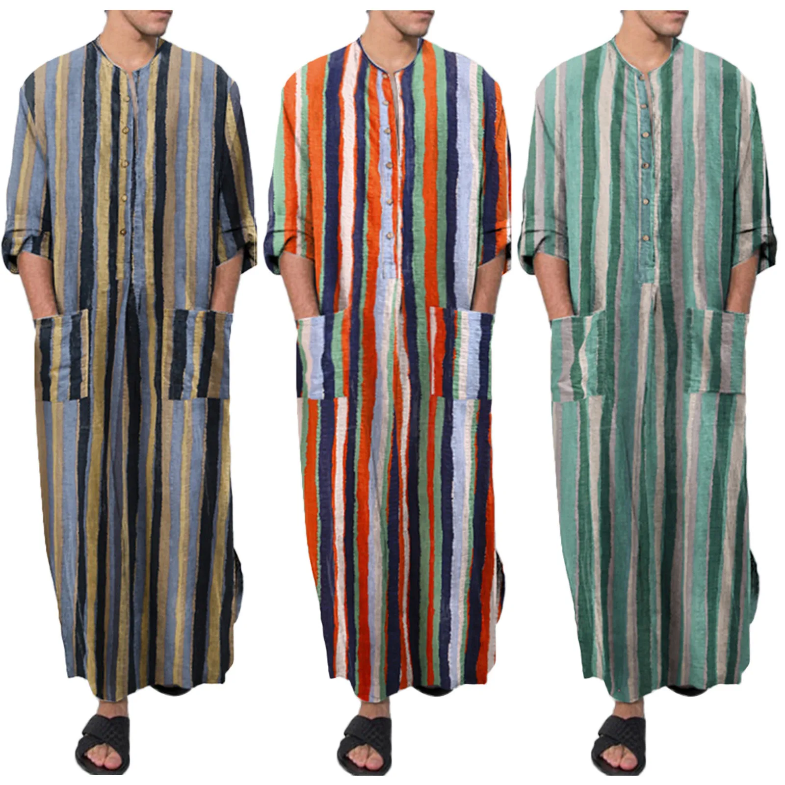 Men-Ethnic-Robe-Vintage-Striped-Long-Sleeve-Muslim-Kaftan-Robe-O-Neck ...