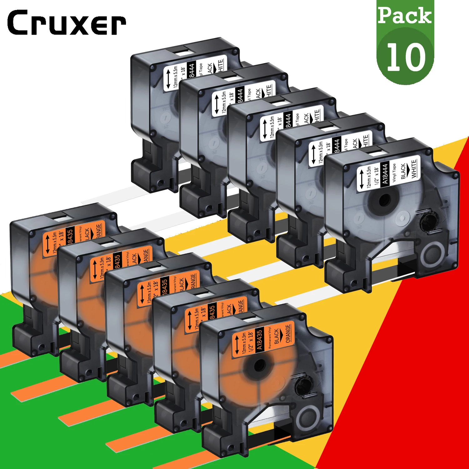 10PK-Compatible-for-Dymo-Rhino-18443-Black-on-White-9-12-19mm-Vinyl ...