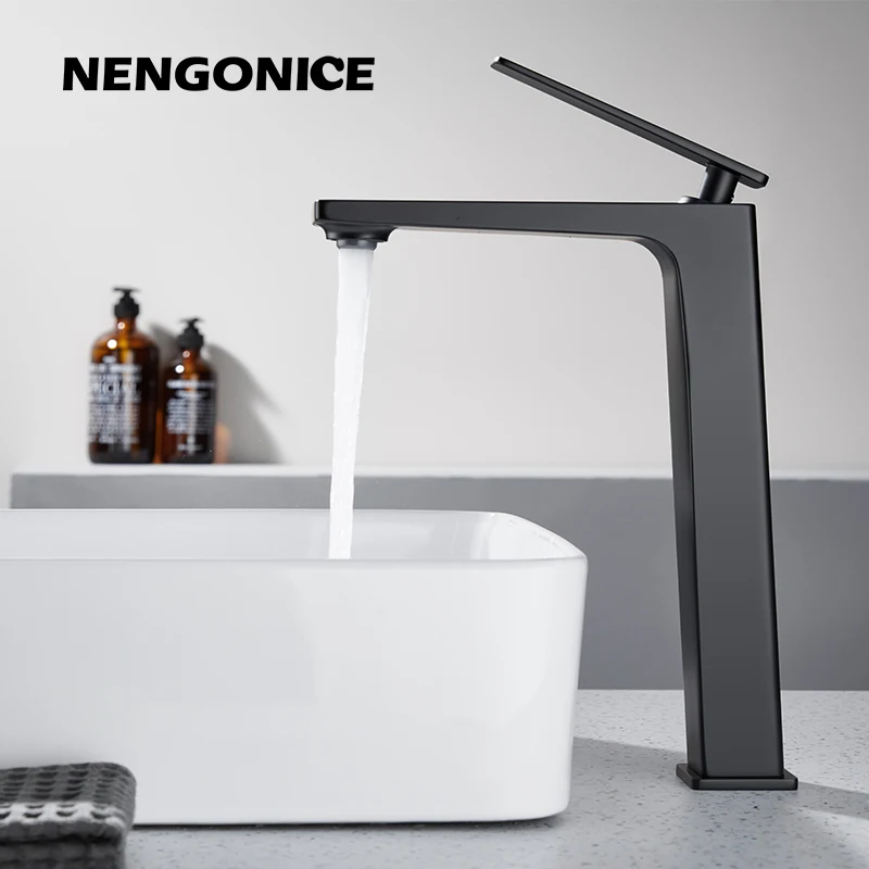 Black-chrome-plated-tall-sink-faucet-bathroom-cold-and-hot-water-basin ...