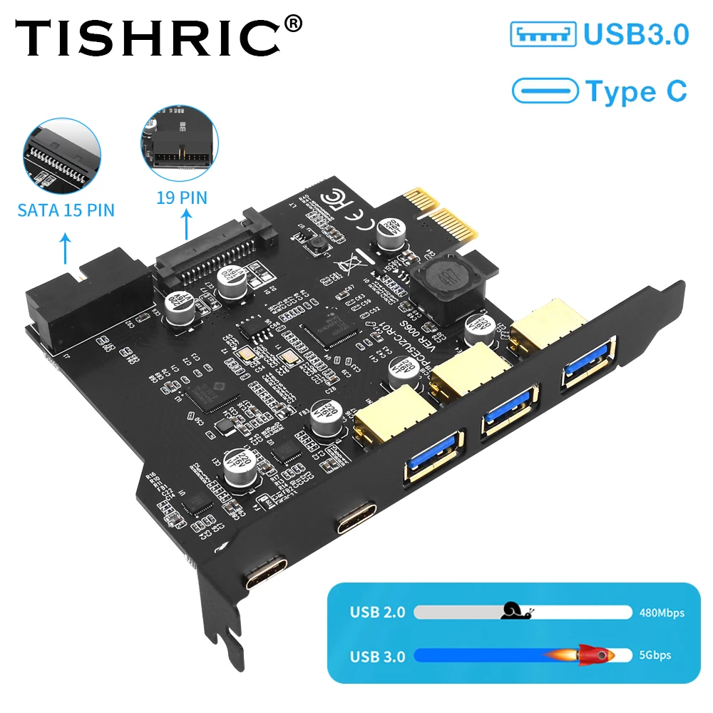 TISHRIC PCIE 확장 카드, 윈도우 7, 8/10 용, PCI Express x16 슬롯, SATA 15, 19 핀, 3 ...