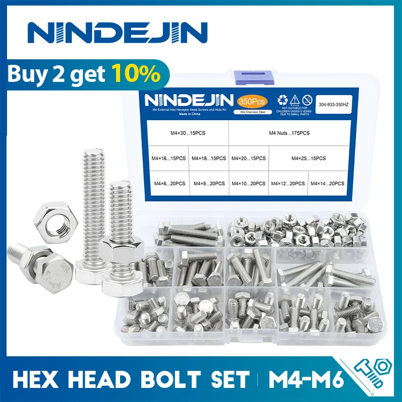 NINDEJIN External Hex Hexagon Head Bolt and Nut Kit M4 M5 M6 Stainless ...