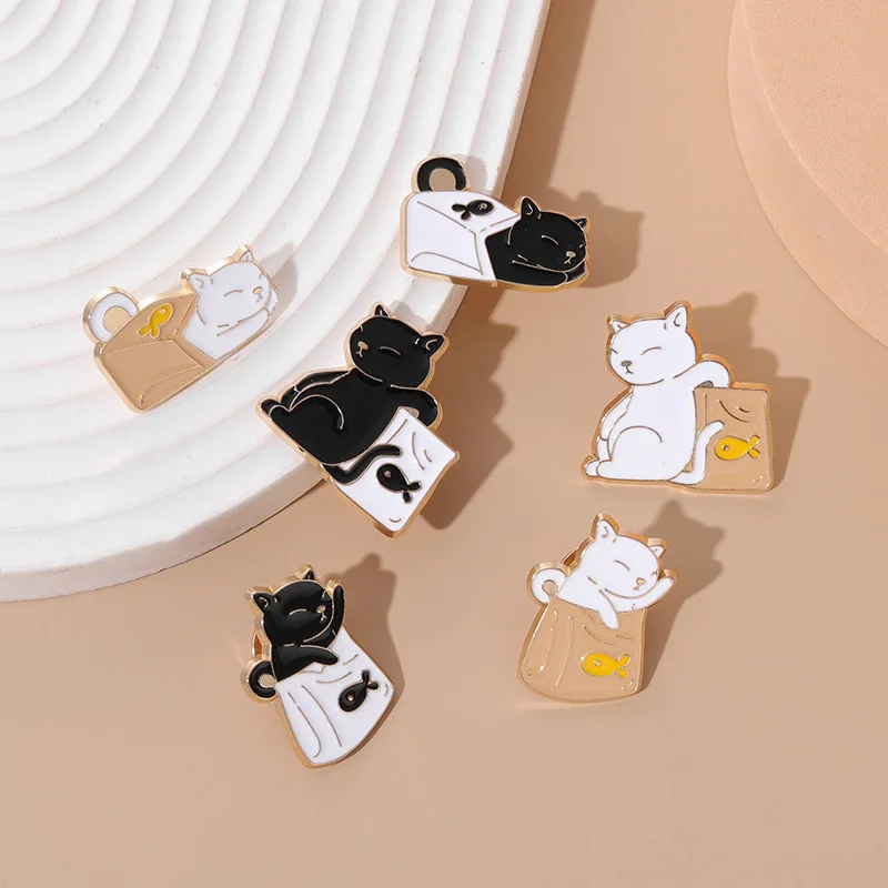 Black-White-Cats-Lying-Bag-Enamel-Pins-Cartoon-Kitten-Fish-Brooch-Metal ...