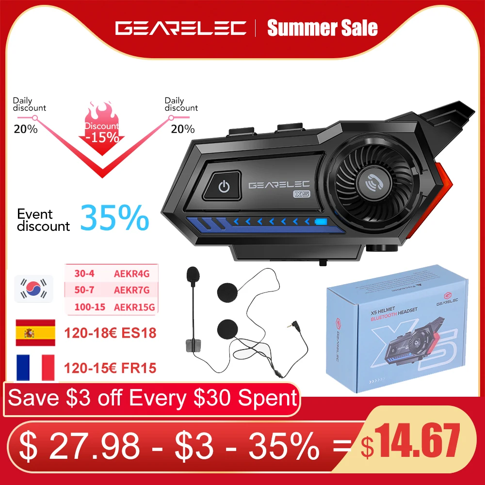 GEARELEC X5 오토바이 헬멧 헤드셋, BT 5.2 방수 무선 헤드폰, 음성 제어, 상승 감소 FM 라디오 경고등 ...