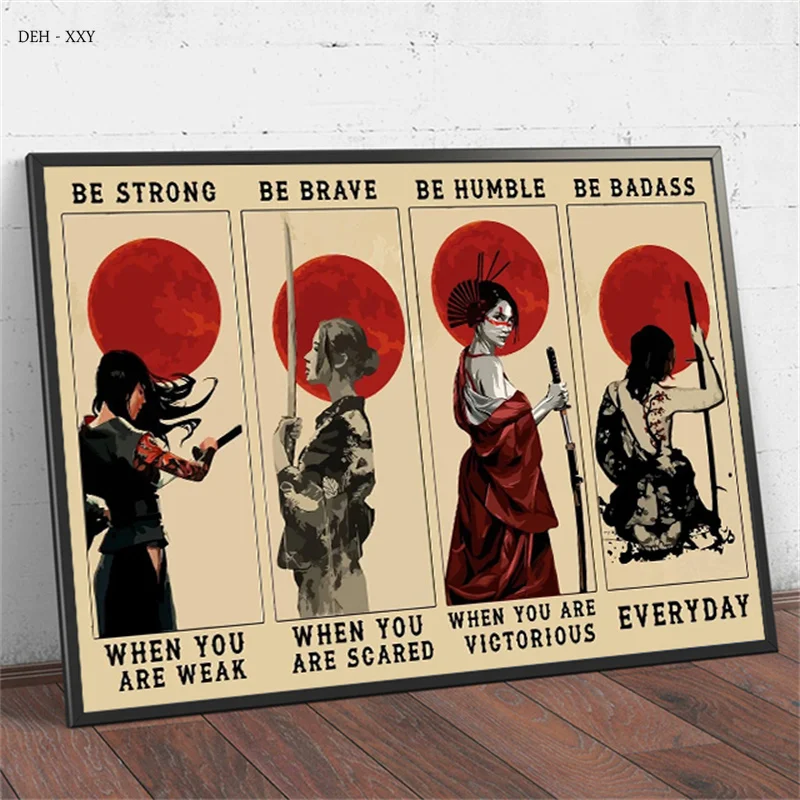 Retro japão fêmea samurai cartaz ser forte ser corajoso motivacional ...