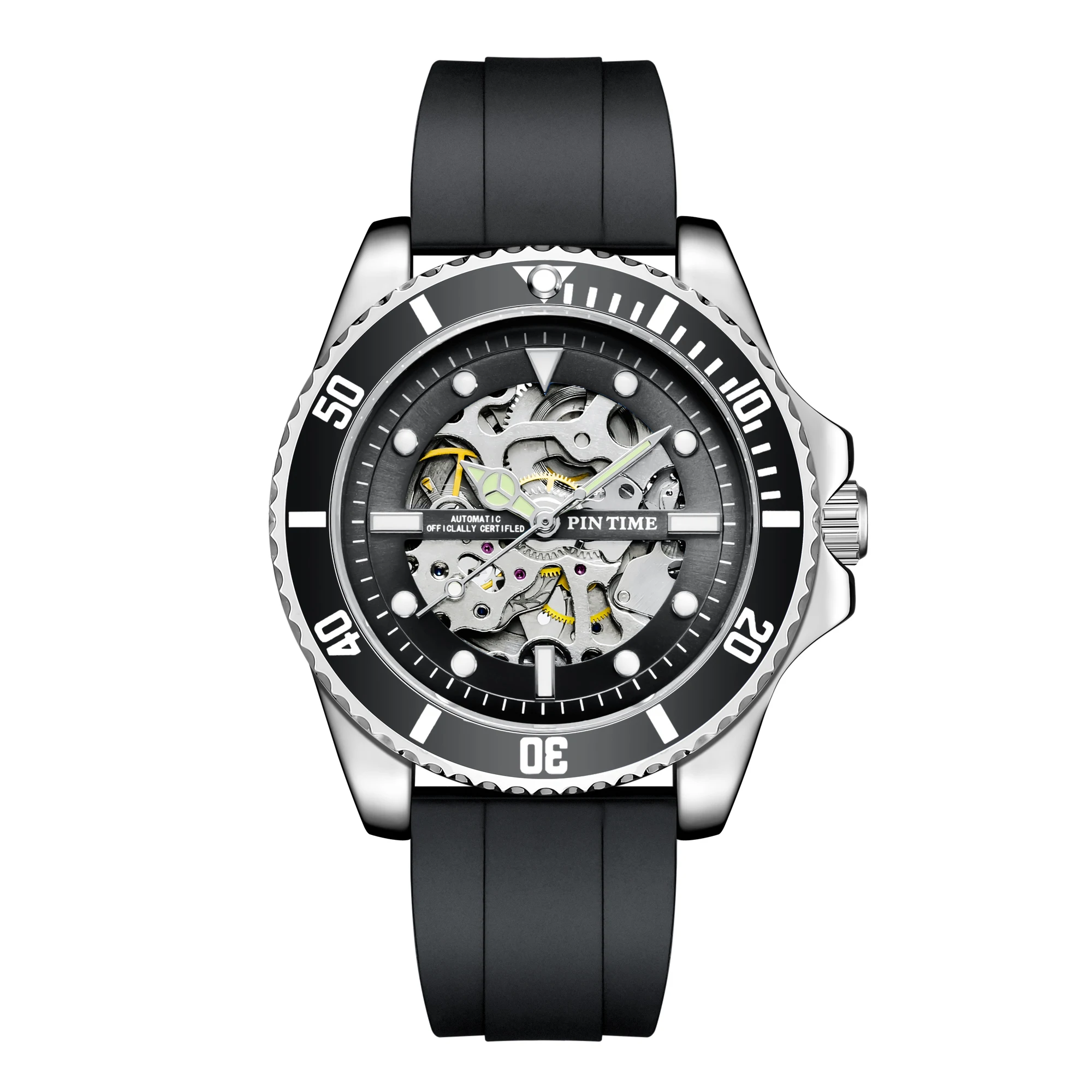 PINTIME New Auto Mechanical Watch Men Fashion Silicoe Strap Steampunk ...