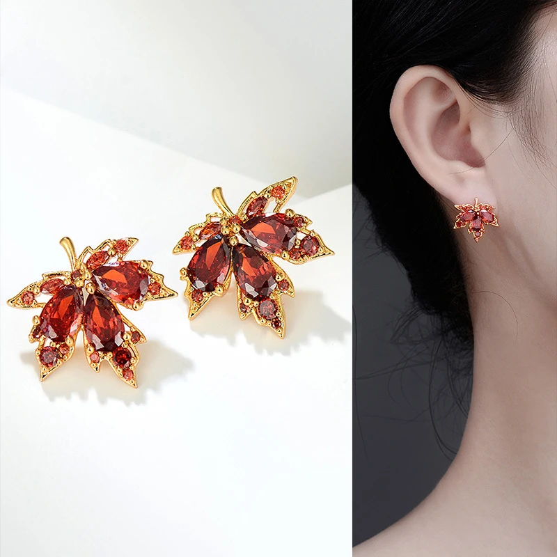Red-Gem-Maple-Leaf-Stud-Earrings-for-Women2023-New-Fashion-Light-Luxury-Earrings-Retro-Simple ...