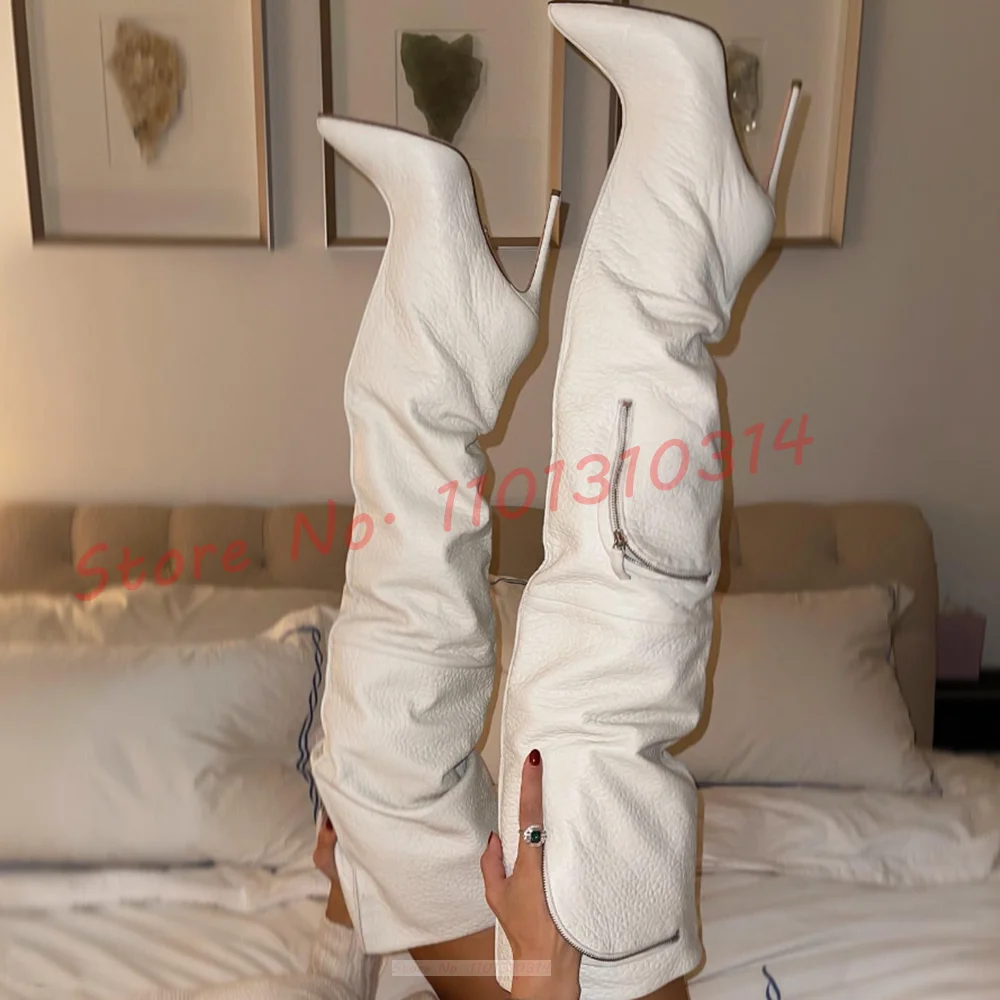 Zipped Pocket White Long Boots Women Streetwear Pointy High Heels ...