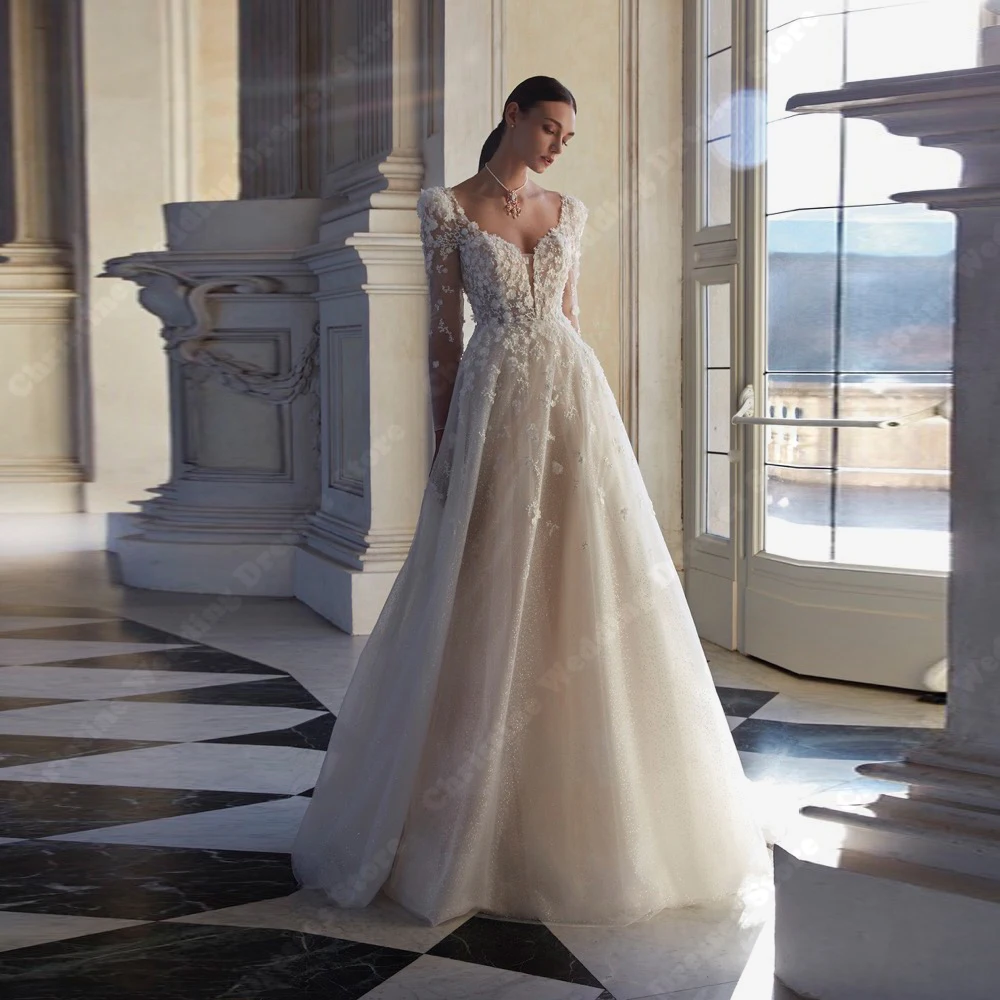 Classical A-Line Women Wedding Dresses Elegant Lace Long Sleeves Tulle ...