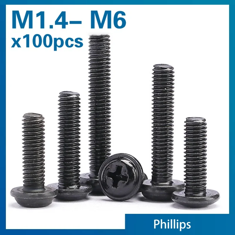 100pcs/lot PWM Black Pan Head Screws with Washer M1.4 M2 M2.5 M3 M 3.5 M4 M5 M6 Fixed ...