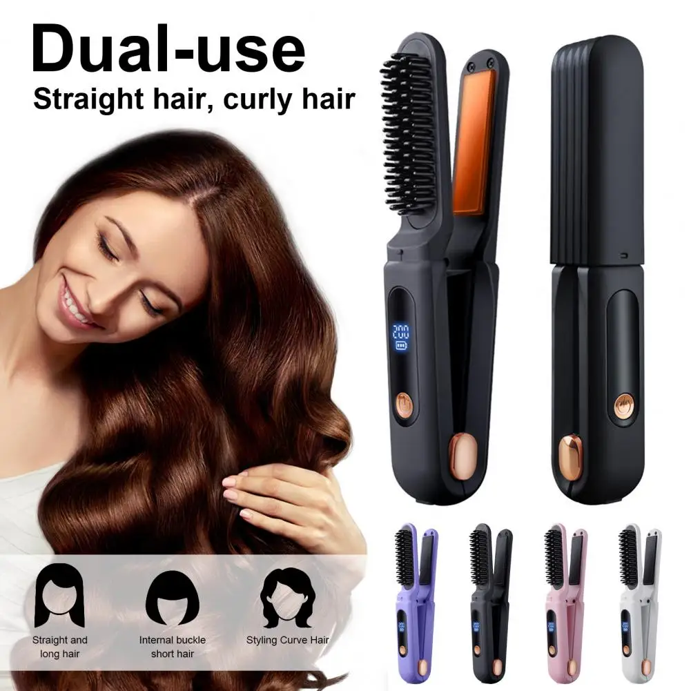 Portable Cordless Hair Straightener Brush 3 Temp Adjustable Negative ...