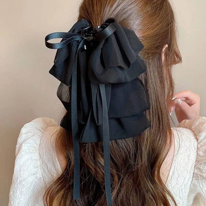 New Bow Floating Ribbon Grip Clip Girls Elegant Ponytail Braid Claw ...