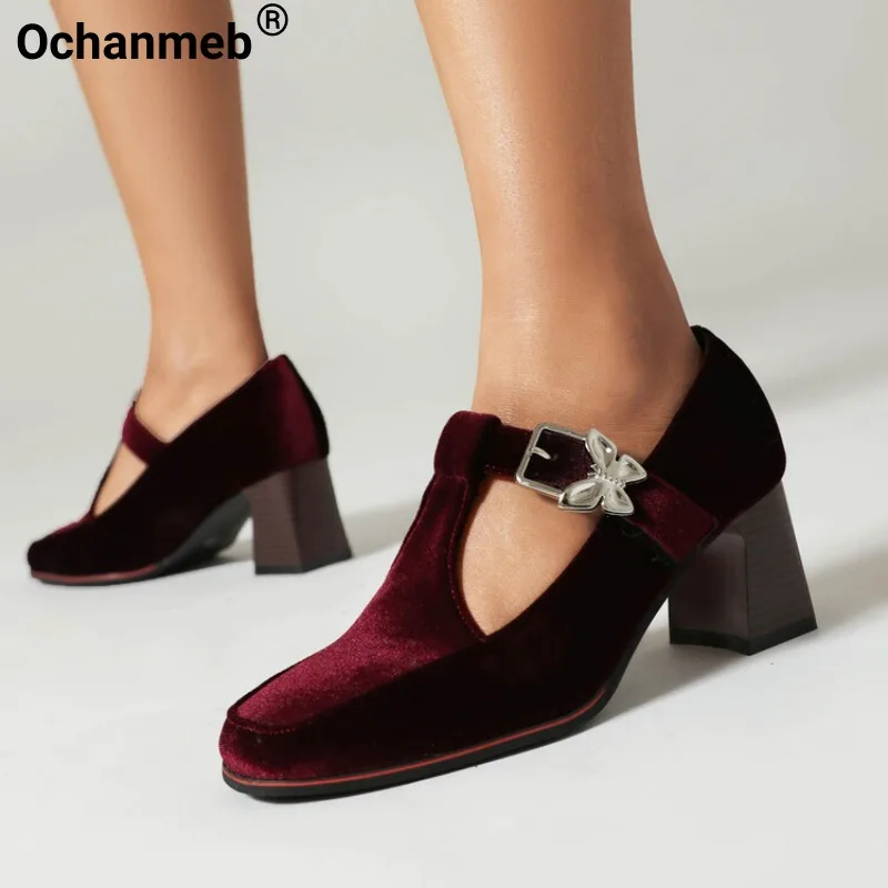 Ochanmeb-Retro-T-strap-Buckle-Mary-Jane-Wine-Red-Velour-Shoes-Chunky ...