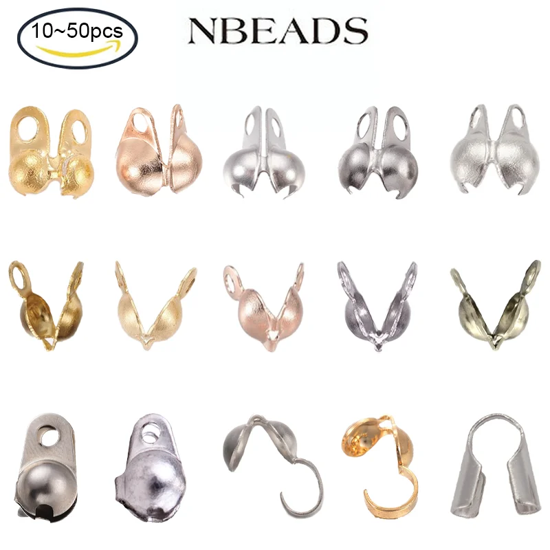 10-50PC Stainless Steel Ends Open Clamshell Knot Covers Fold-Over Bead ...