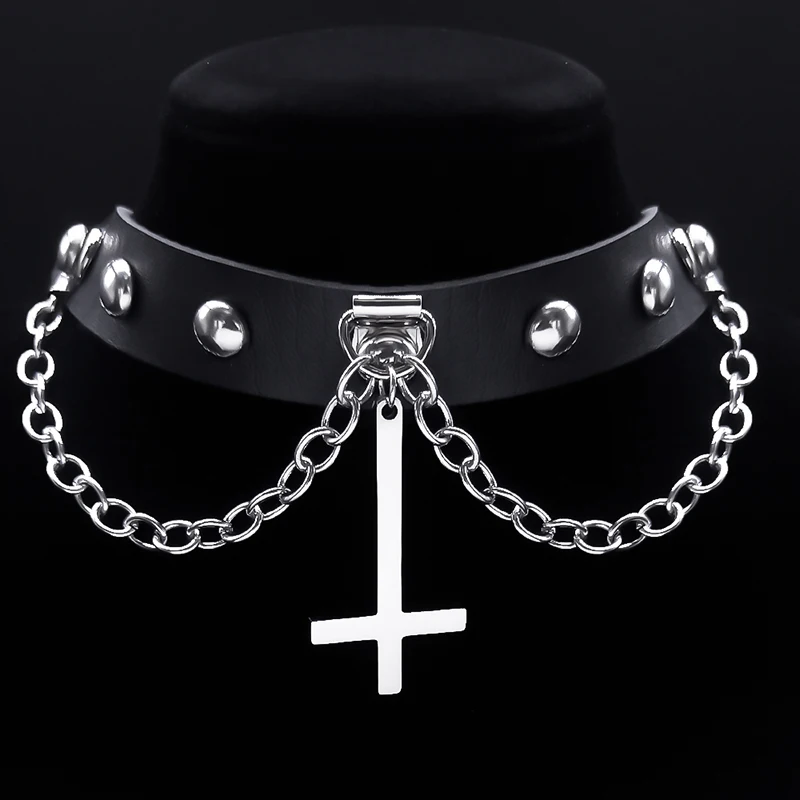 Harajuku-Choker-Gothic-Satan-Inverted-Cross-Necklace-Stainless-Steel-PU ...