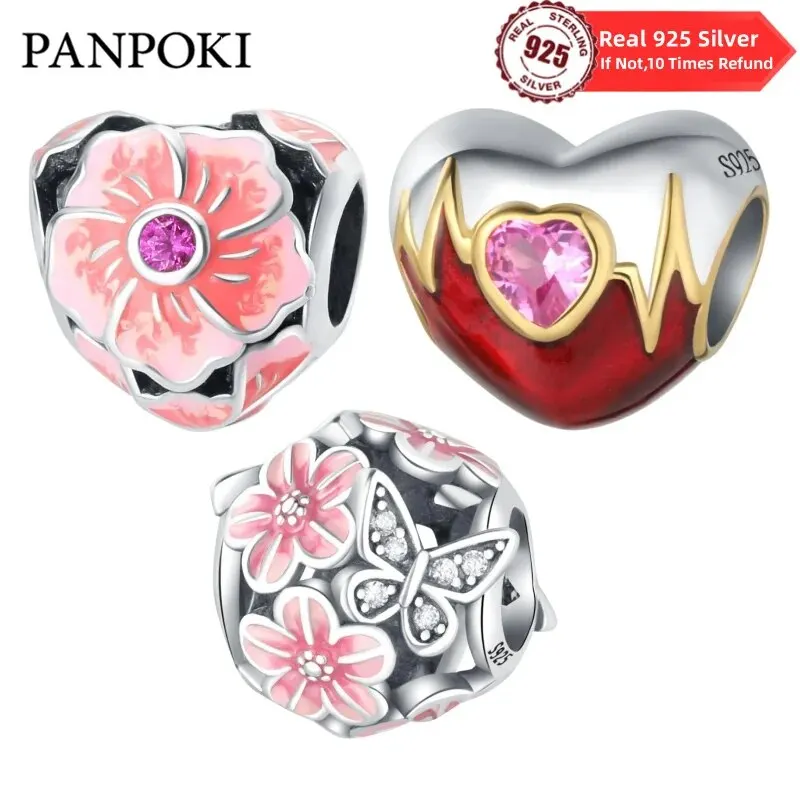 New-925-Sterling-Silver-Pink-Heart-shaped-Sakura-Charm-Beads-Fit ...