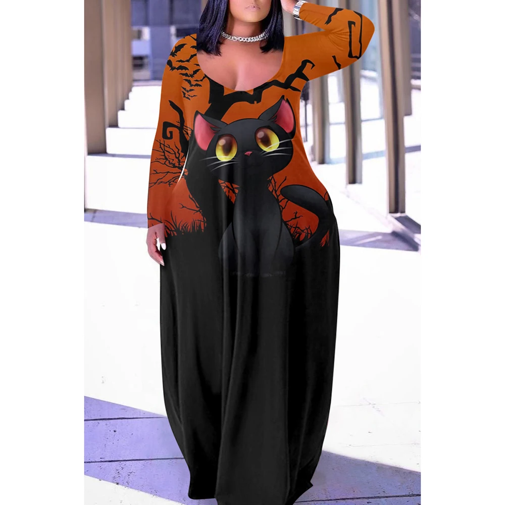 Plus Size Daily Colorblock Black Cat Print U Neck Long Sleeves Loose ...