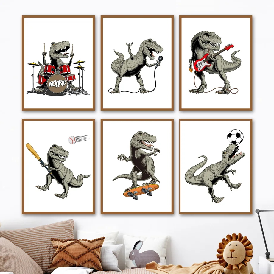 Dinosaur-Drummer-Guitarist-Singer-DJ-Footballer-Wall-Art-Canvas ...