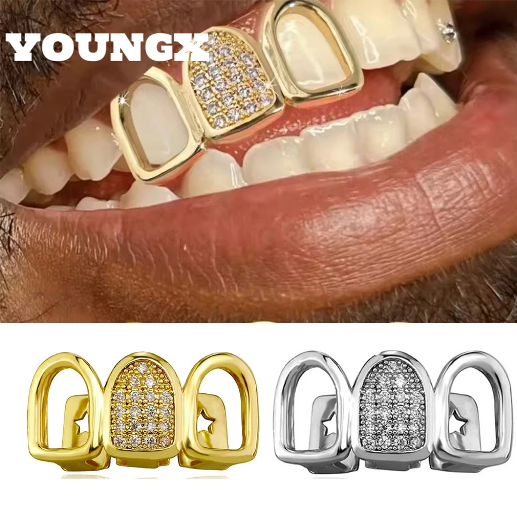 YOUNGX Hip Hop Three Hollow Zircon Tooth Caps For Women Men Punk Mixed ...