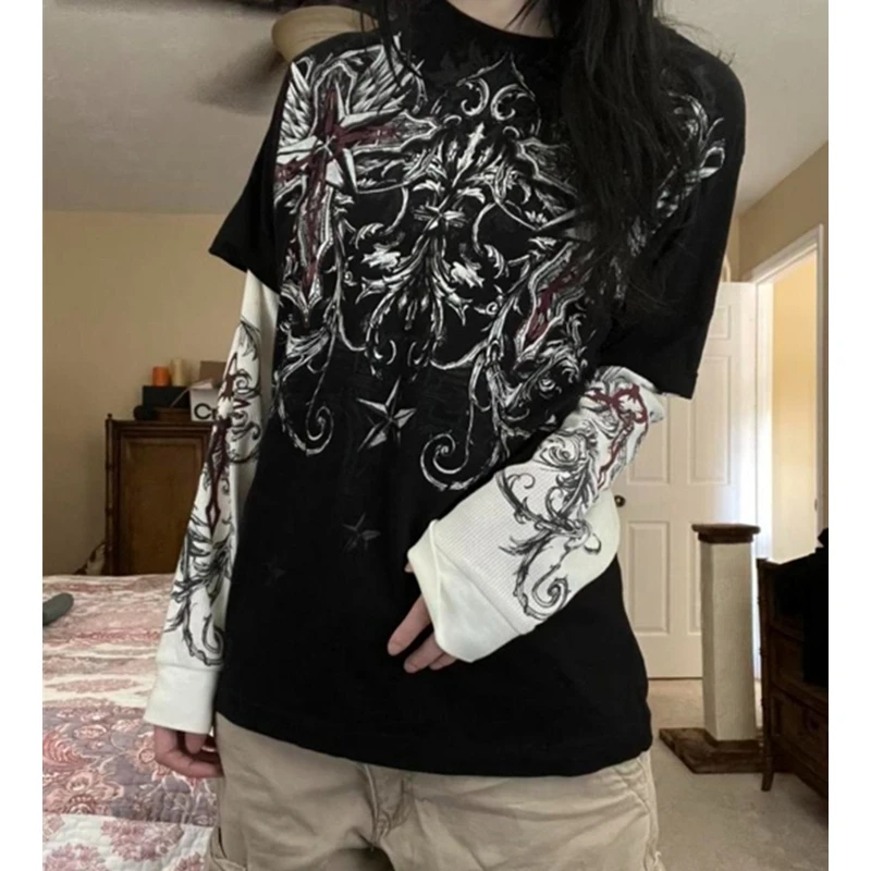 Gothic Tops Women Vintage Graphic Print Patchwork Long Sleeve T Shirts ...