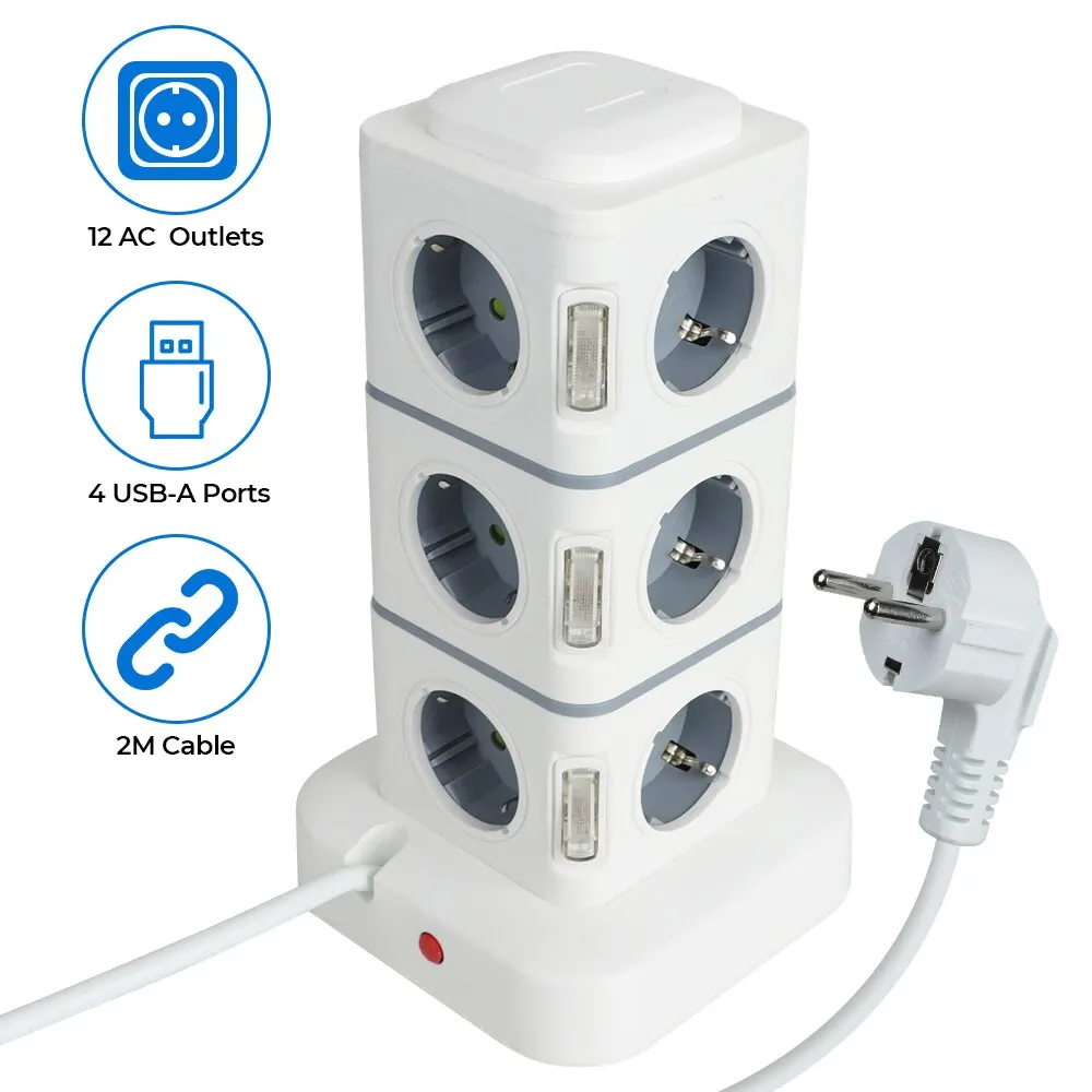 12 Way Outlets Vertical Power Socket 220V 10A EU Plug Multi Power Strip ...