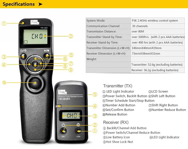 Universal Remote Control Pixel Shutter Release TW283-N3 Wireless Remote ...
