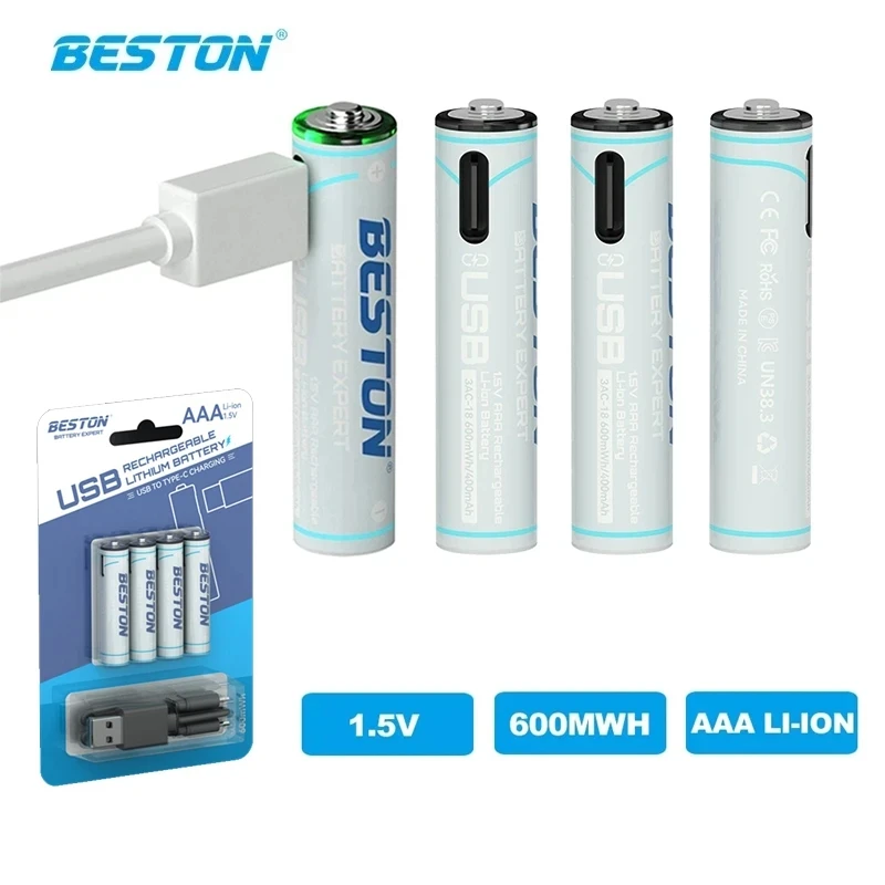 Beston-AAA Li-ion Bateria Recarregável de Lítio, USB-C Carga Direta, Baterias de Polímero ...