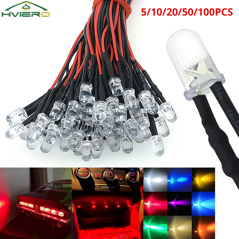 5/10/20/50/100PCS 5mm 12v Pre-wired Round Led Lamp Ultra Bright ...