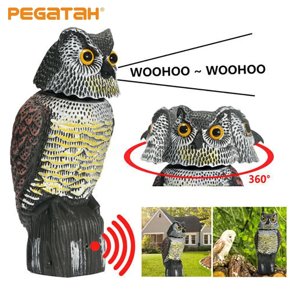 Fake-owl-decoy-with-swivel-head-and-sound-Plastic-owl-scarecrow ...
