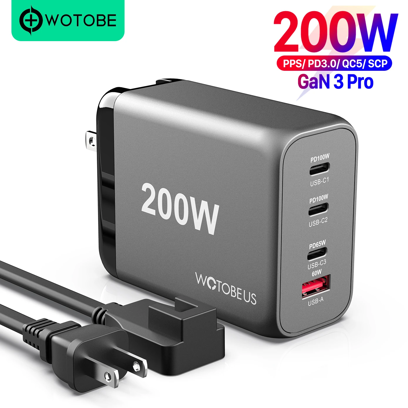 WOTOBE 200W GaN Wall Charger PD Type C USB Fast Charging Quick Charge PD100W PPS 65W 45W QC5 for ...
