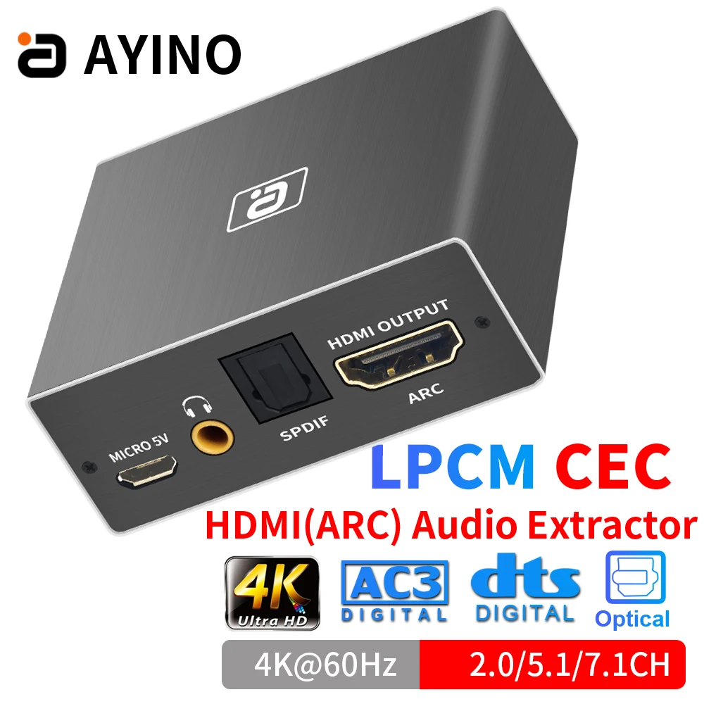 AYINO HDMI2.0b 컨버터 ARC 오디오 추출기, HDCP2.2 CEC HD 4K @ 60Hz HDMI 호환 분배기 광학 토스링크 SPDIF AUX ...