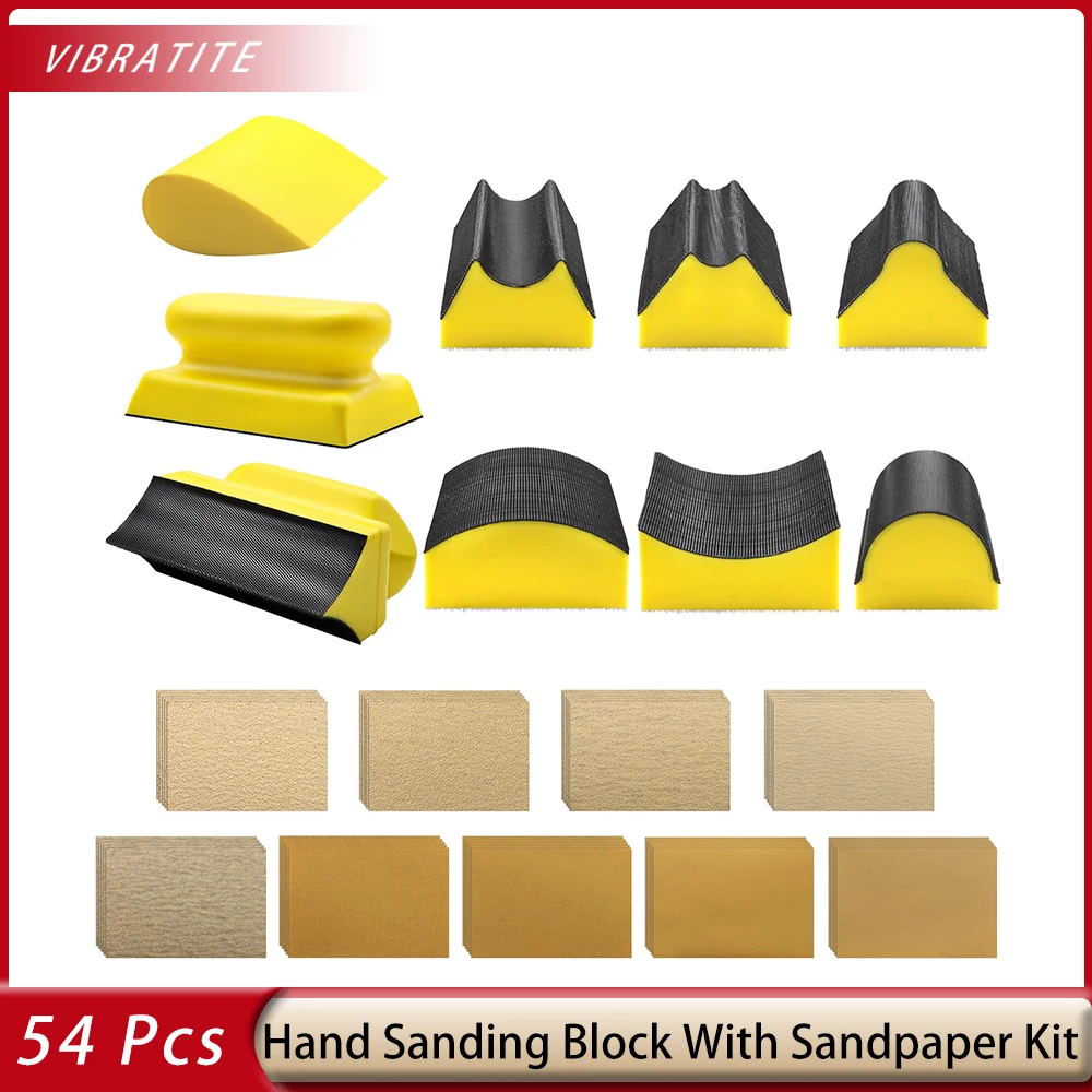 54 PCS 핸드 샌딩 블록 세트 다양한 볼록 및 오목한 모양으로 교체 가능한 4" 핸드 샌딩 블록, 45 샌딩 시트 세트와 ...
