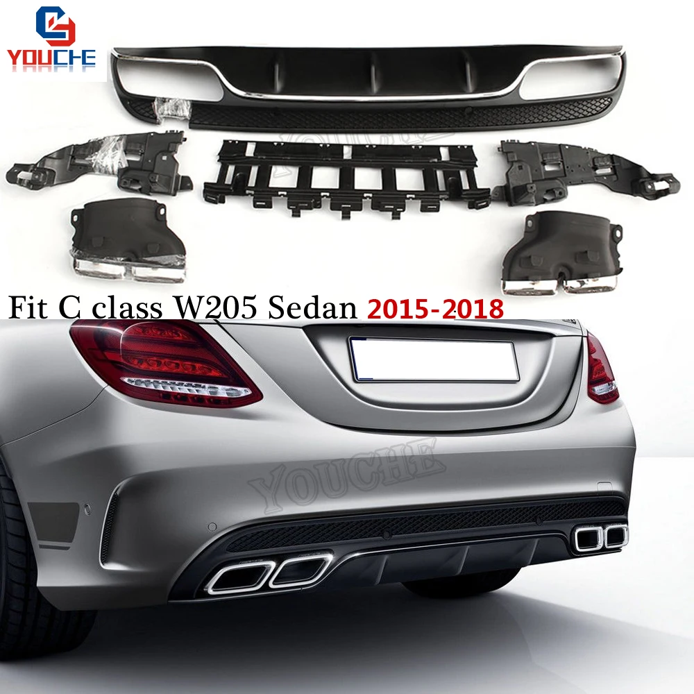 W205-AMG-C63-Style-Rear-Diffuser-with-4-outlet-Exhaust-Tips-for-Benz-C ...