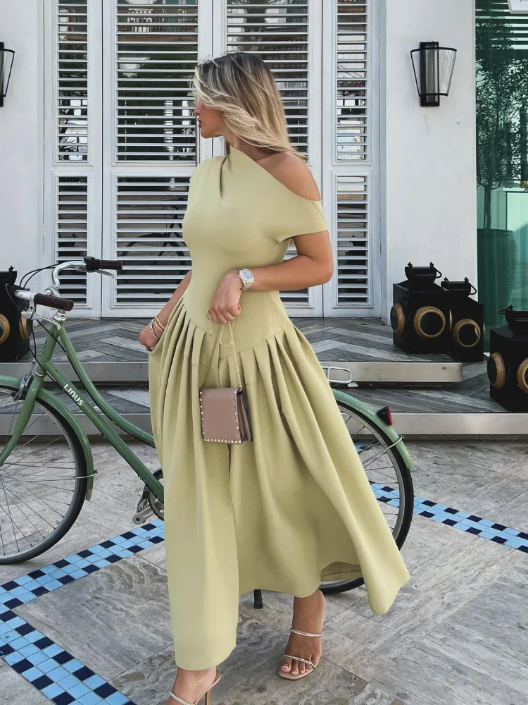 Chic-Women-Solid-Diagonal-Collar-Pleated-Patchwork-Maxi-Dress-Elegant ...