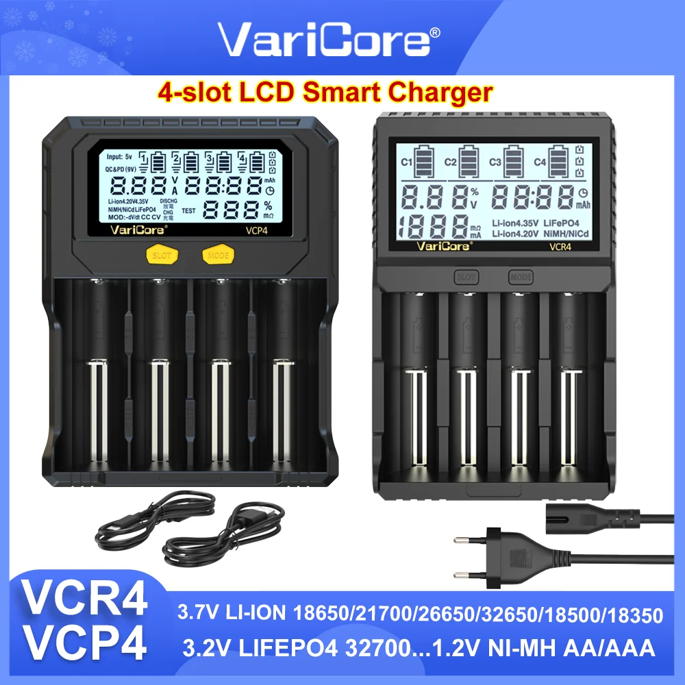 VariCore VCP4 VCR4 LCD 스마트 충전기 18650/21700/26650 리튬 이온 3.7V LiFePO4 3 ...
