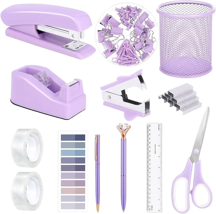 13pcs-Purple-Office-Supplies-Set-Stapler-and-Tape-Dispenser-Desk ...