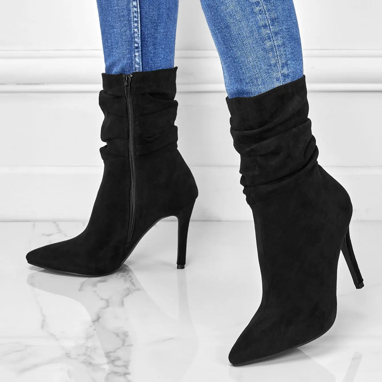 Botas-plissadas-de-comprimento-m-dio-feminino-moda-imita-o-de-pele-de ...