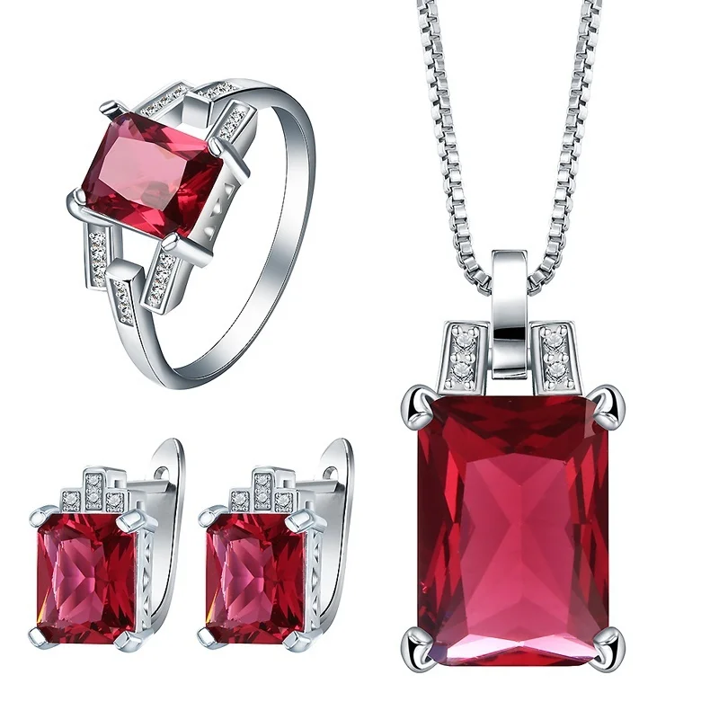 YONGMAN Women's 925 Sterling Silver Ruby Zircon Gemstone Earrings Ring Pendant Necklace Jewelry ...