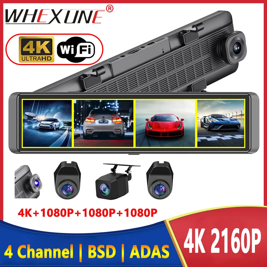 11.26 Inch 4CH Mirror Dash Cam 4K Front Rear View Mirror 4 Cameras ...