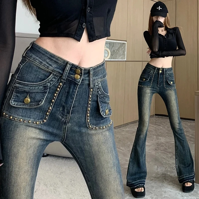 Rivet-Flared-Jeans-Woman-Skinny-Pocket-Patchwork-Denim-Trousers-Ladie ...