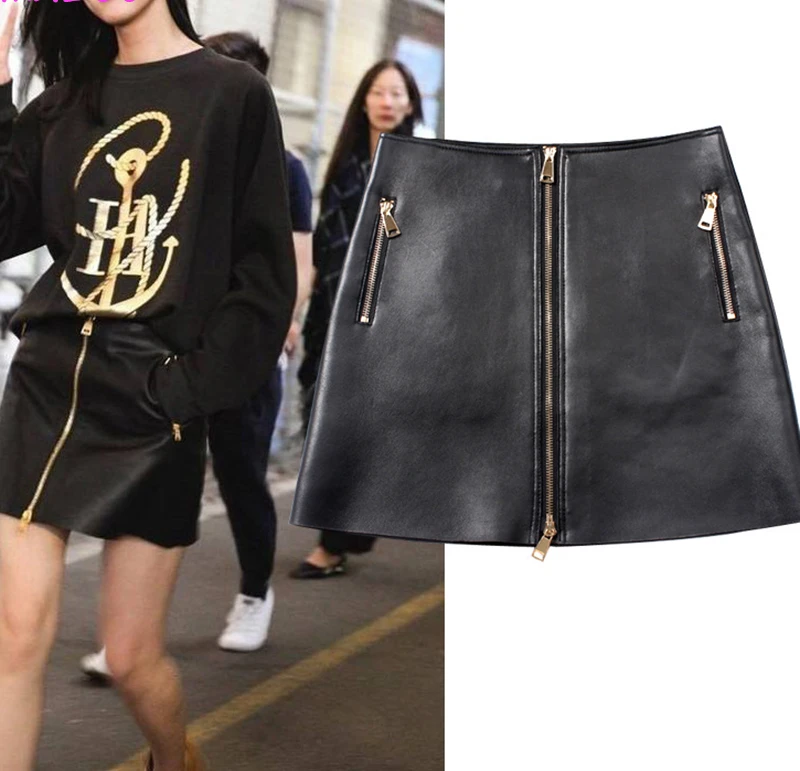Black Leather Short Skirt For Women Autumn A-line Wrap Hip Mini Jupe ...