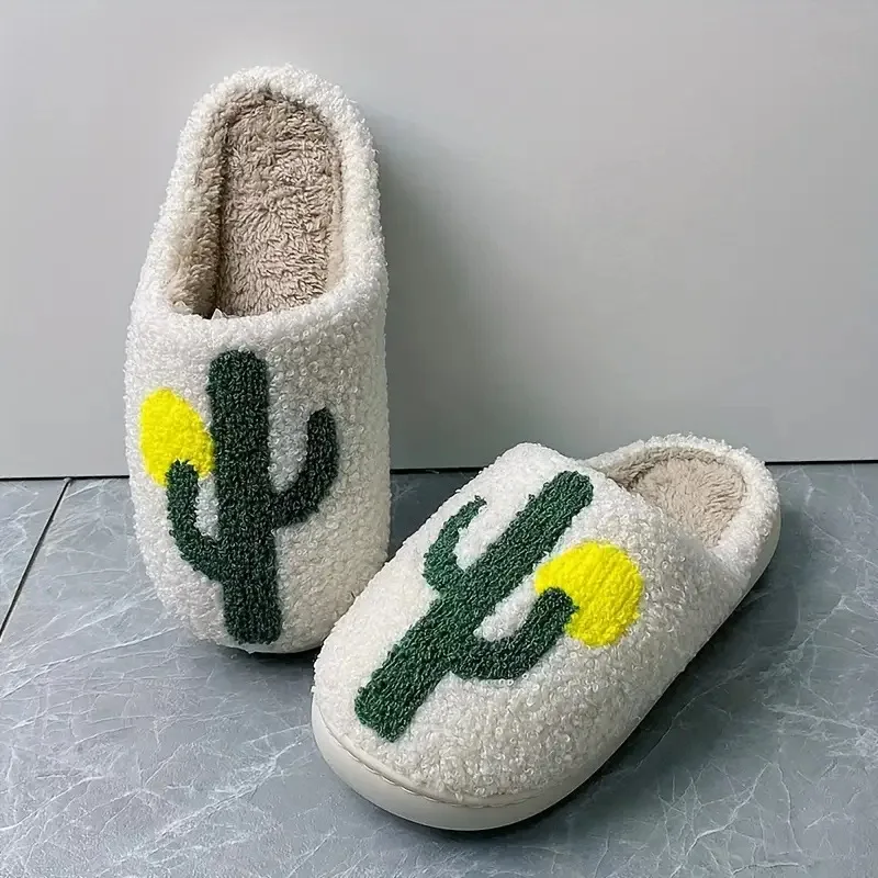 Women's Cartoon Cactus Slippers Winter Female Home Fluffy Shoes Indoor ...