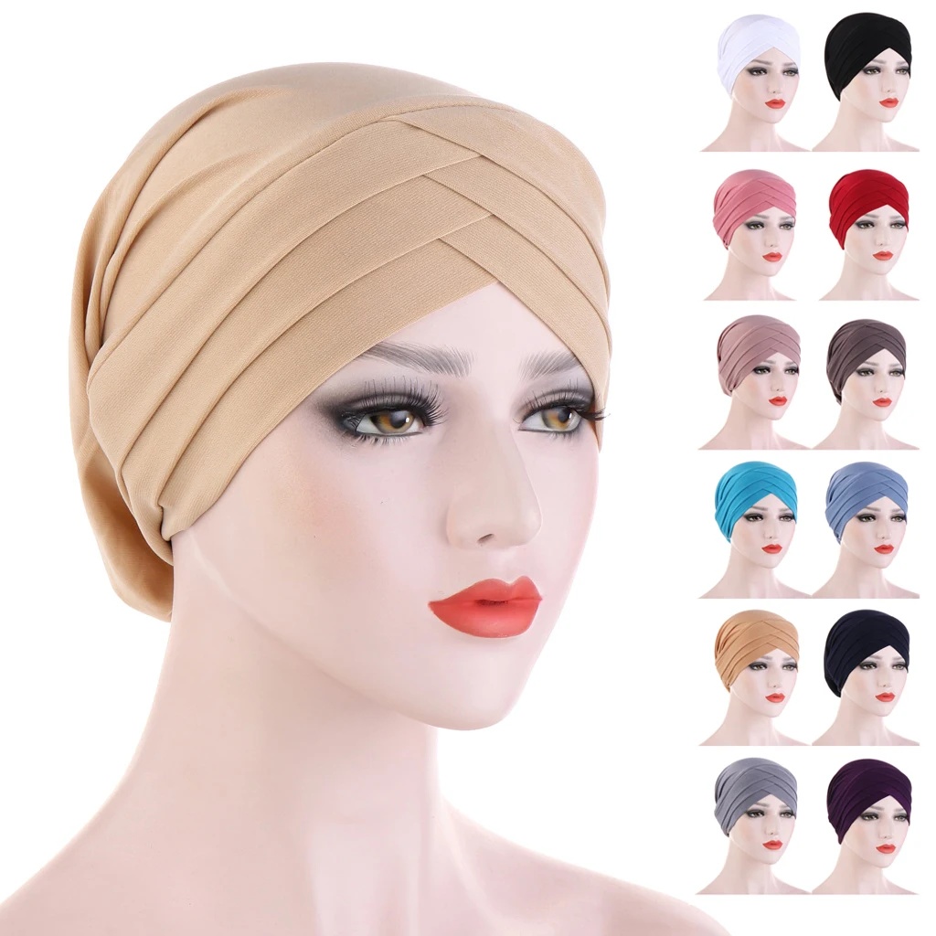 Cotton-Forehead-Crossed-Muslim-Turban-Hat-Solid-Color-Bonnet-Womens ...