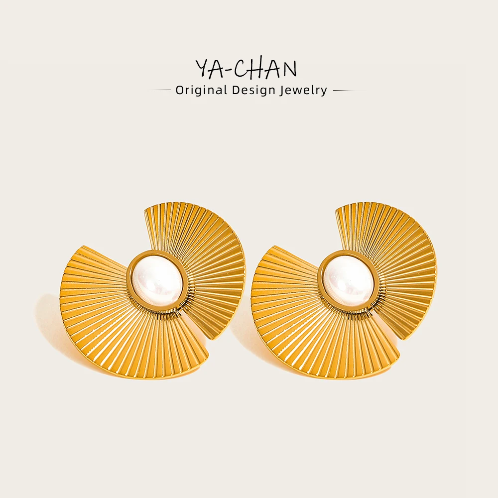 YACHAN Stainless Steel Big Stud Earrings For Women Imitation Pearl Flowers Hyperbolic Metal 18K ...
