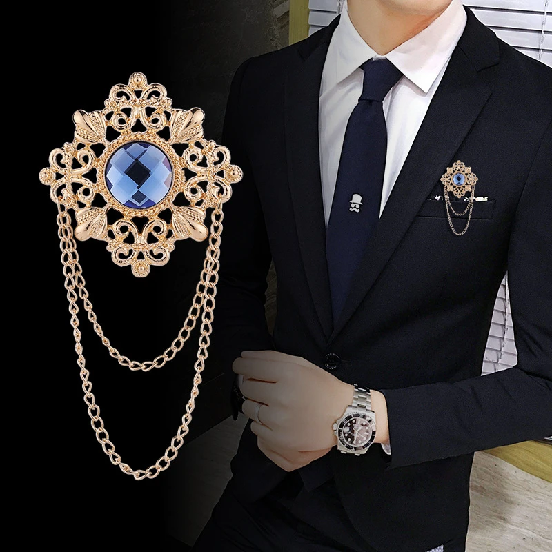 Retro Palace Gem Brooch Men's Suit Pin Vintage Rhinestone Cross Tassel Lapel Pins With Chain ...