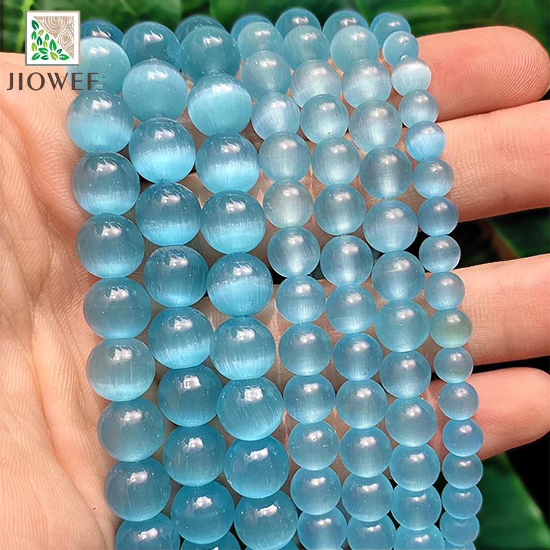 Perles rondes en œil de chat bleu clair, en opale naturelle, lisses ...